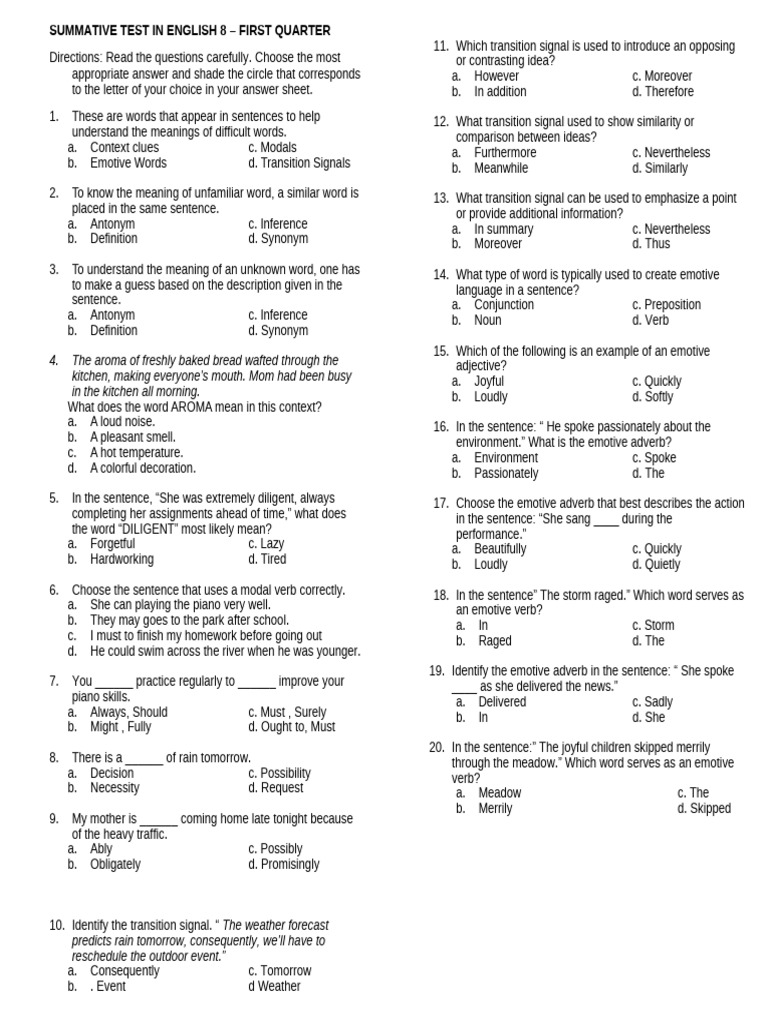 Summative Test in English 8 First Quarter | PDF