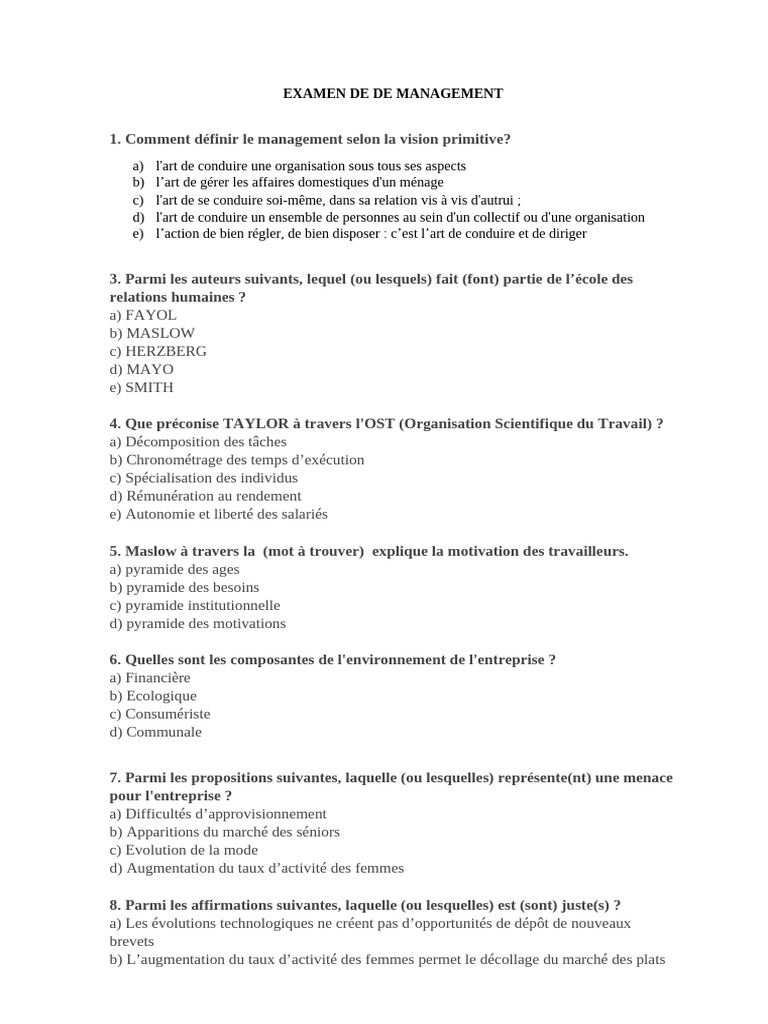 EXAMEN DE DE MANAGEMENT | PDF