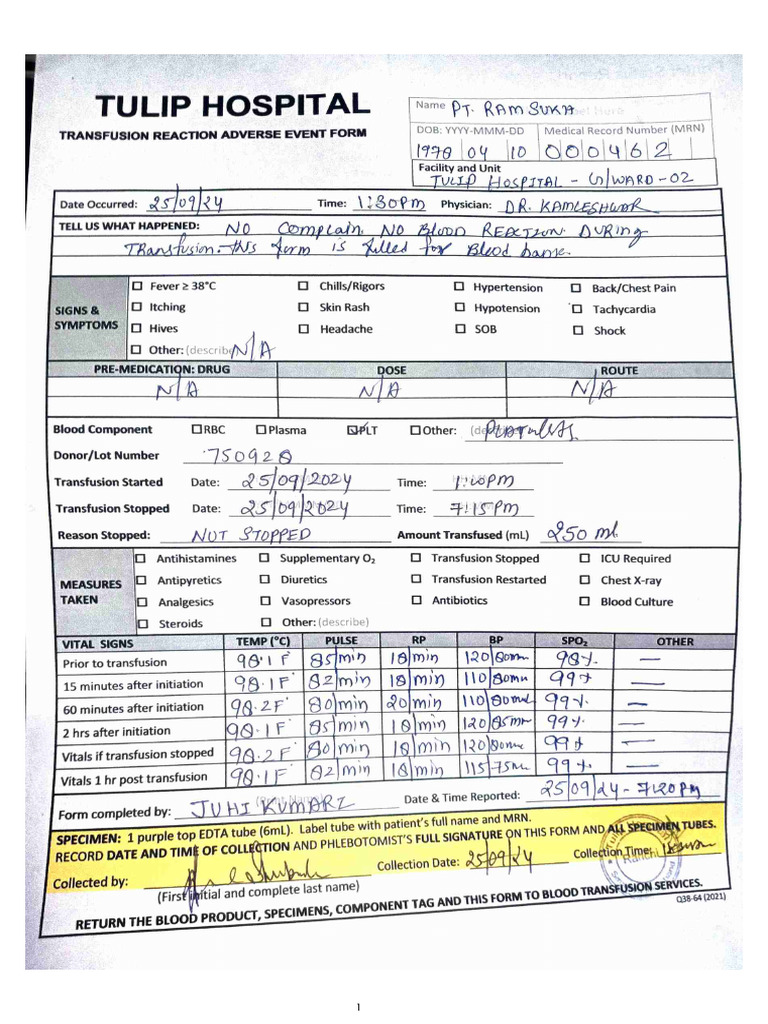 blood transfusion reaction form | PDF