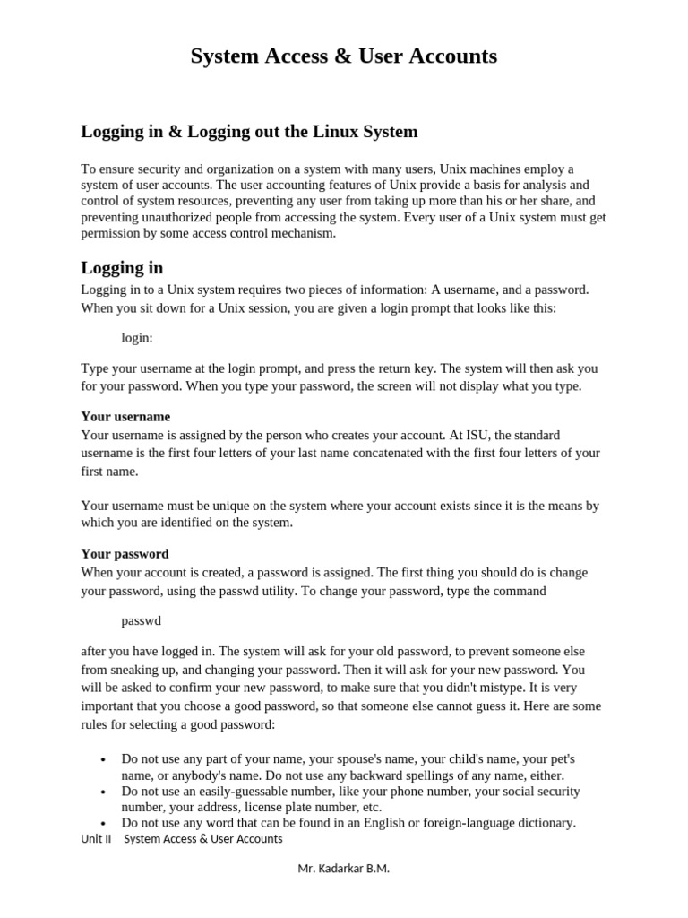 Linux OS - Unit II (System Access & User Accounts) | PDF