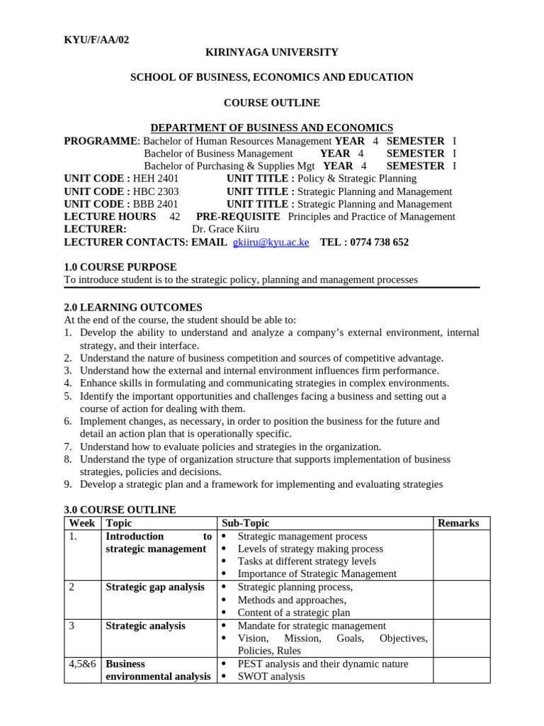 Strategic Planning and Management Outline BBM, BHRM, BPSM | PDF
