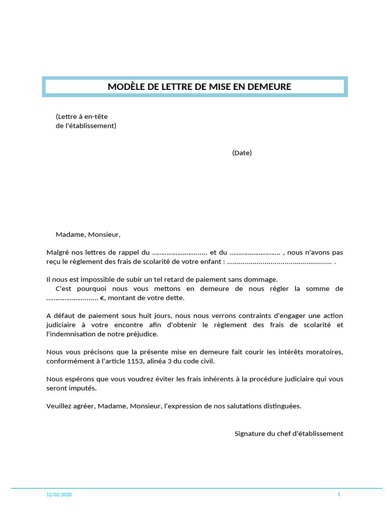 Modele de Lettre de Mise en Demeure | PDF