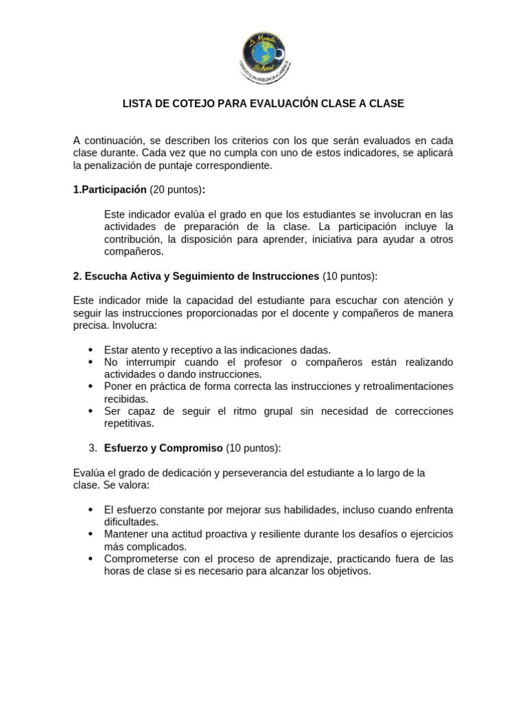 Lista de Cotejo para Evaluación Clase A Clase | PDF
