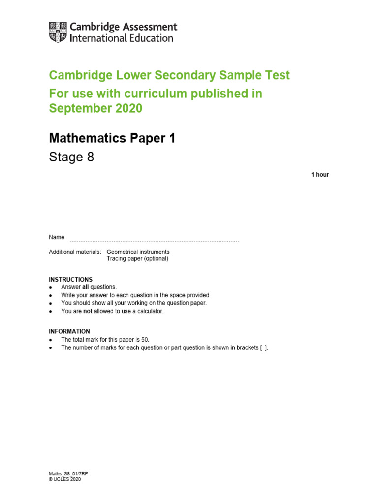 Mathematics Stage 8 Sample Paper 1 - tcm143-595673 - Compress | PDF