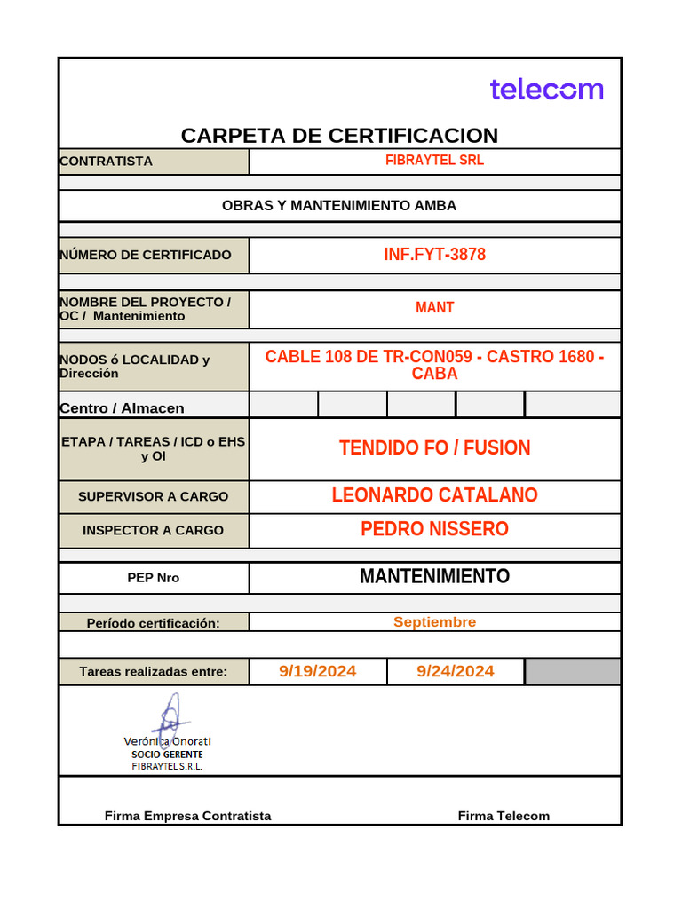 Mantenimiento - Inf - Fyt-3878 - Cable 108 de Tr-Con059 - Castro 1680 - Caba - Catalano (01!08 ...