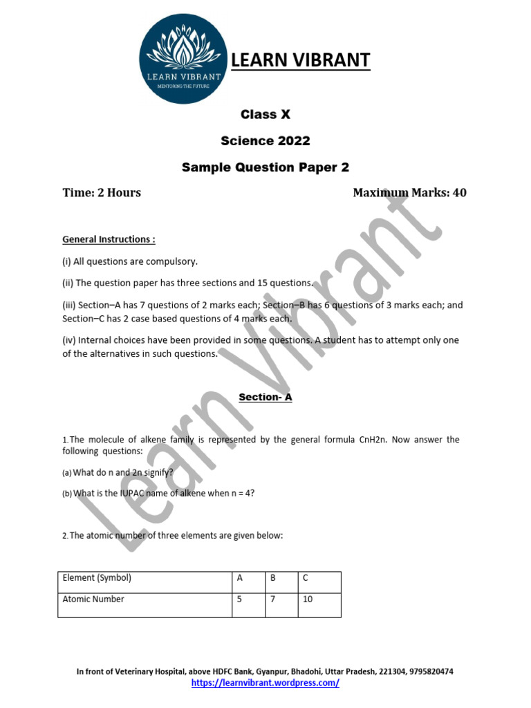 Class 10 Science SQP 2 | PDF