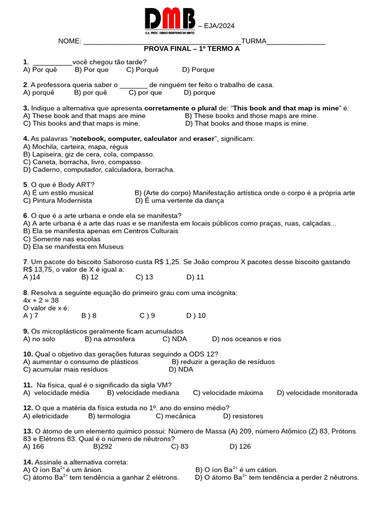 Prova Final - 1º Termo A 1 | PDF