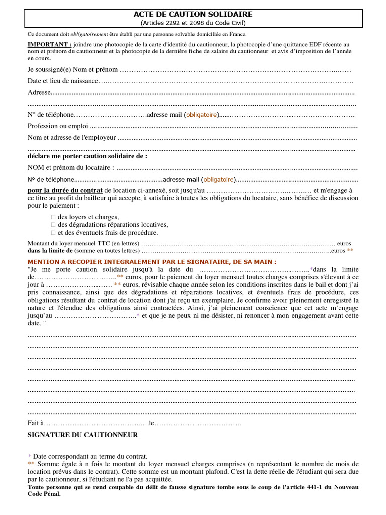 Acte de Caution Solidaire Étudiant | PDF