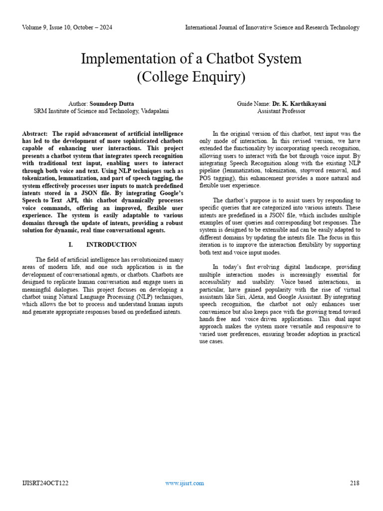 Chatbot System for College Enquiries | PDF | Speech Recognition | Computing