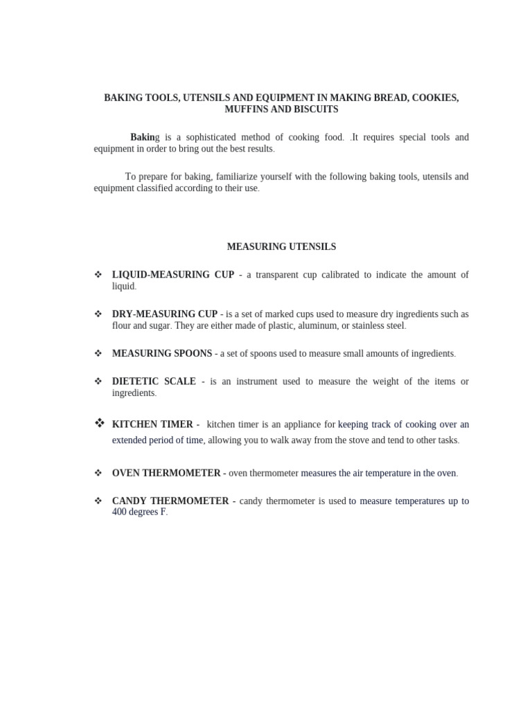 Essential Baking Tools and Equipment | PDF | Kitchen Utensil | Baking