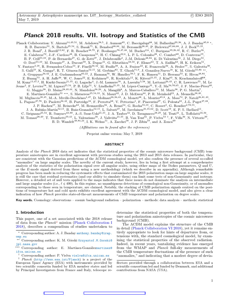Planck 2018 Results. VII. Isotropy and Statistics of The CMB | PDF