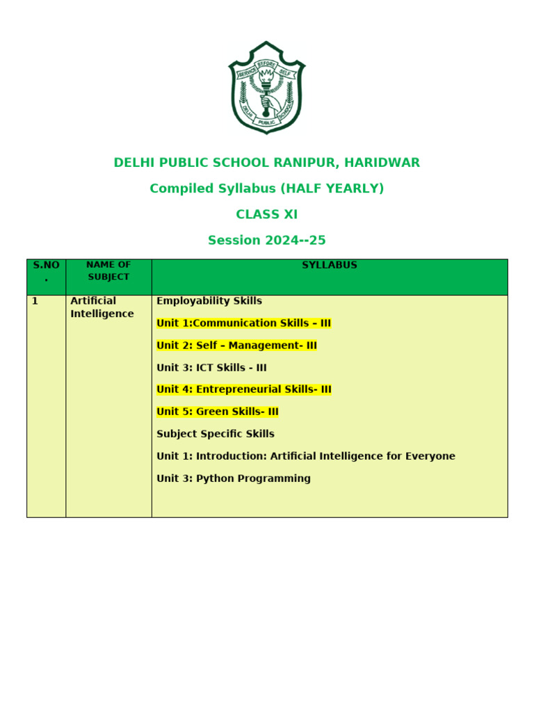 Delhi Public School Ranipur, Haridwar Compiled Syllabus (HALF YEARLY ...