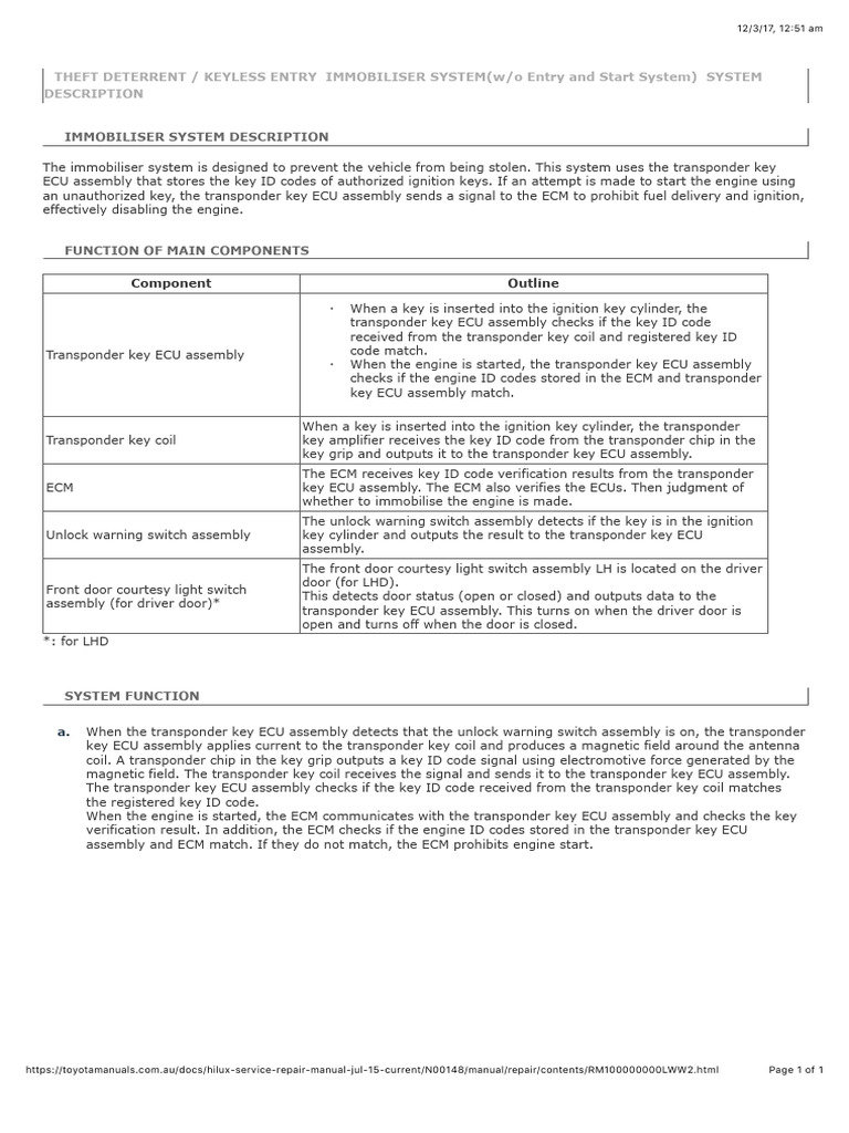 IMMOBILISER SYSTEM (W - o Entry and Start System) SYSTEM DESCRIPTION | PDF