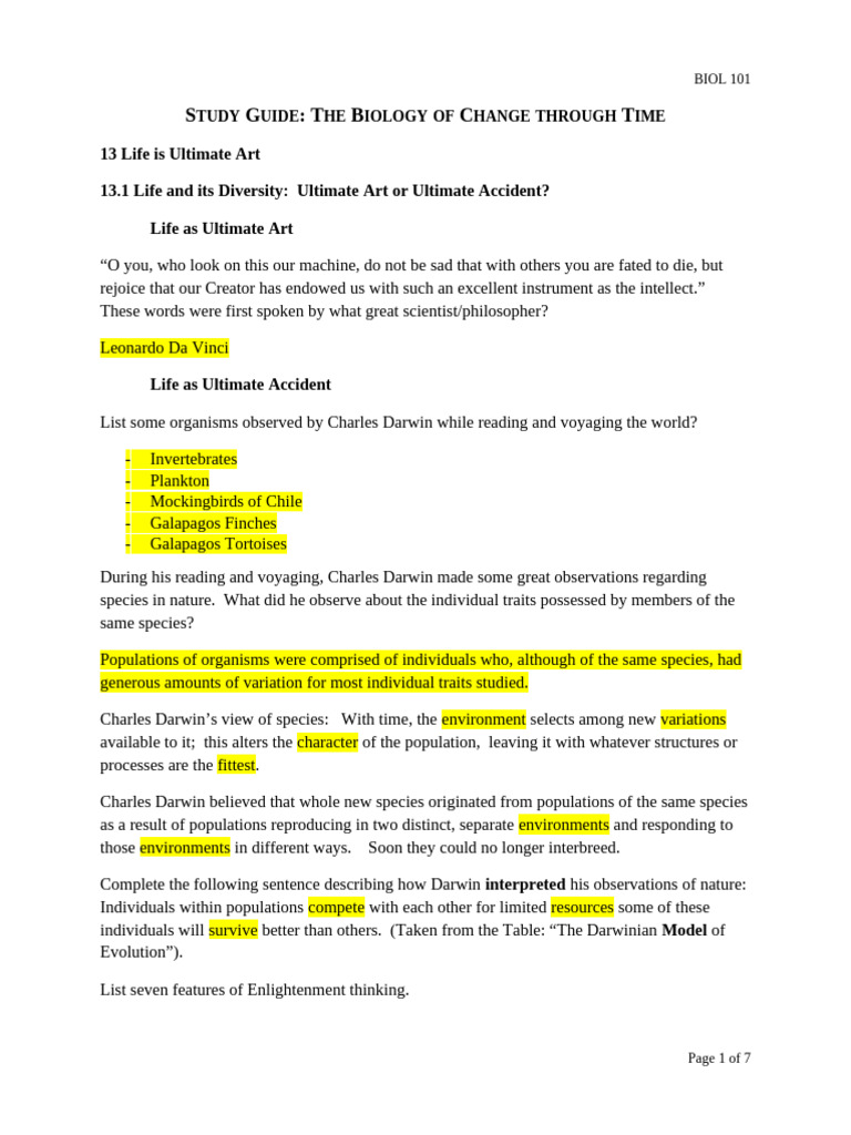 Study Guide The Biology of Change through Time | PDF