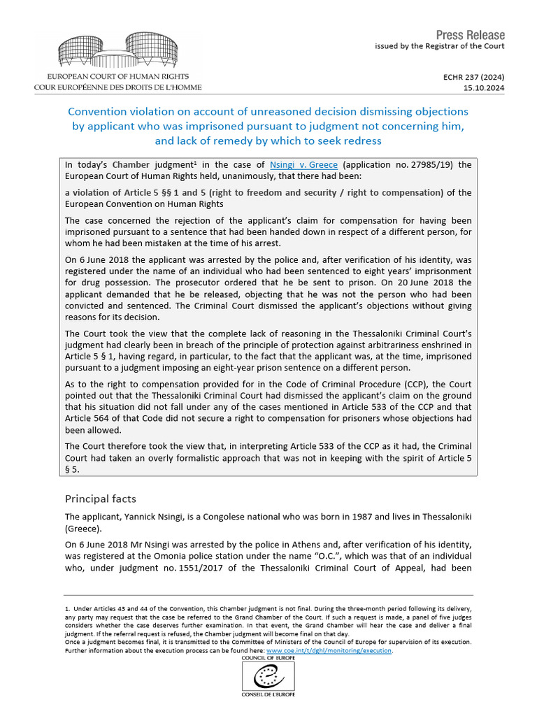 Judgment Nsingi v. Greece - Applicant Detained in Enforcement of A ...