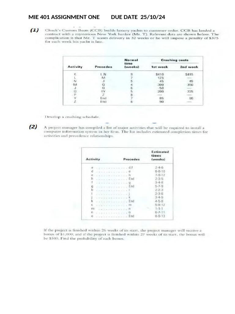 MIE 401 ASSIGNMENT ONE OCTOBER 2024 | PDF