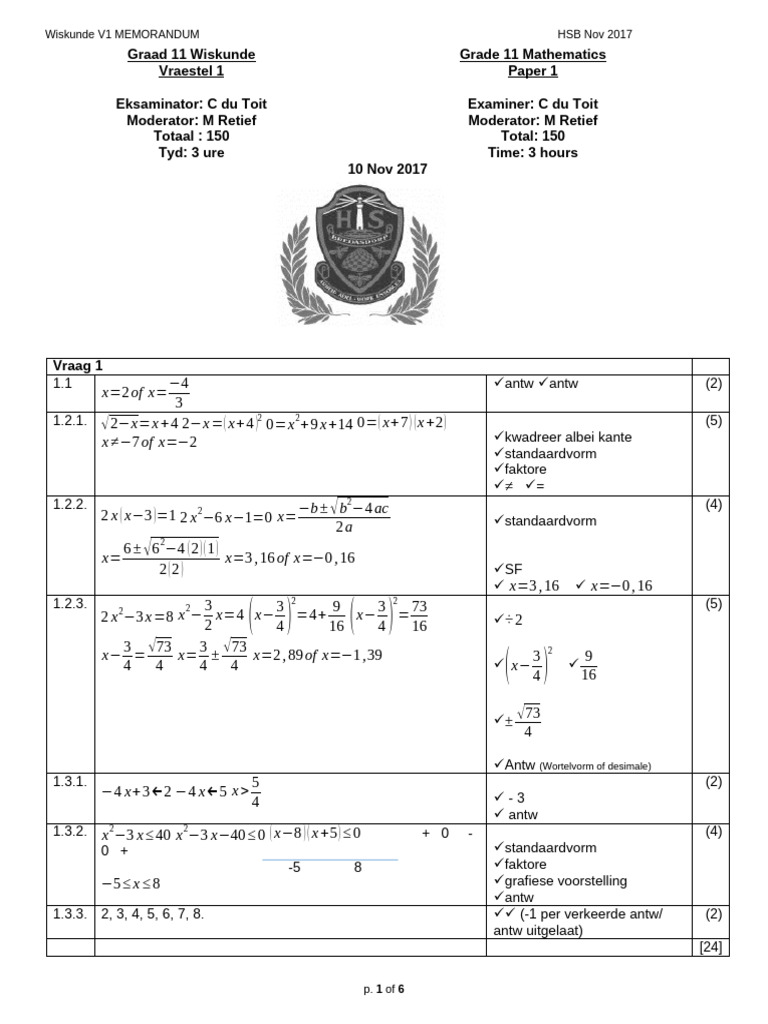 Gr.11 HSB Maths November 2017 Paper 1 MEMO | PDF