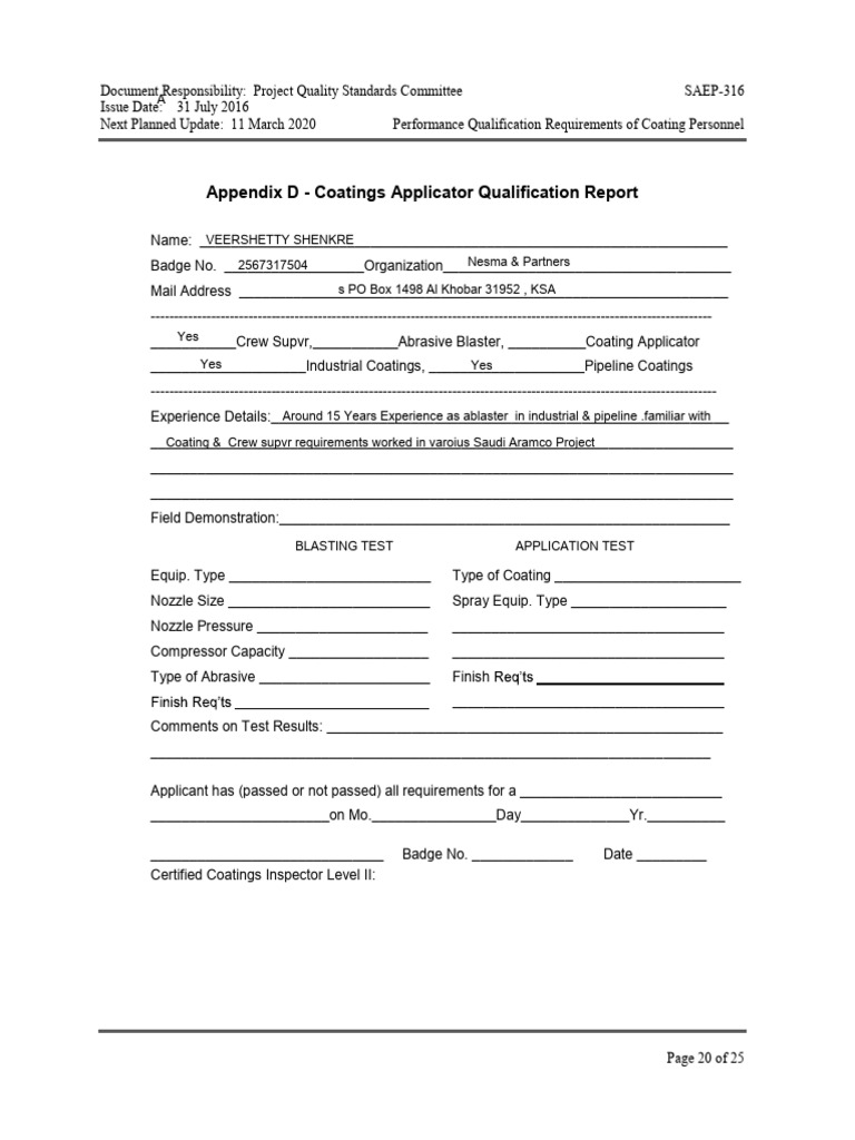 Coating Crew Supervisor - Apendix D | PDF