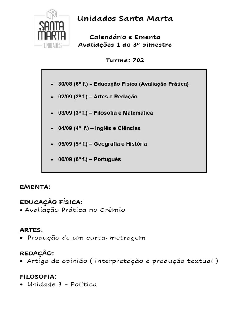 702 - Calendário e Ementa - Av1 - 3º Bi | PDF