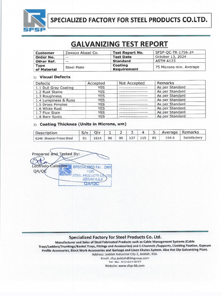 Galvanizing Test Report-Zawaya Abaad Co. 13-10-2024 | PDF
