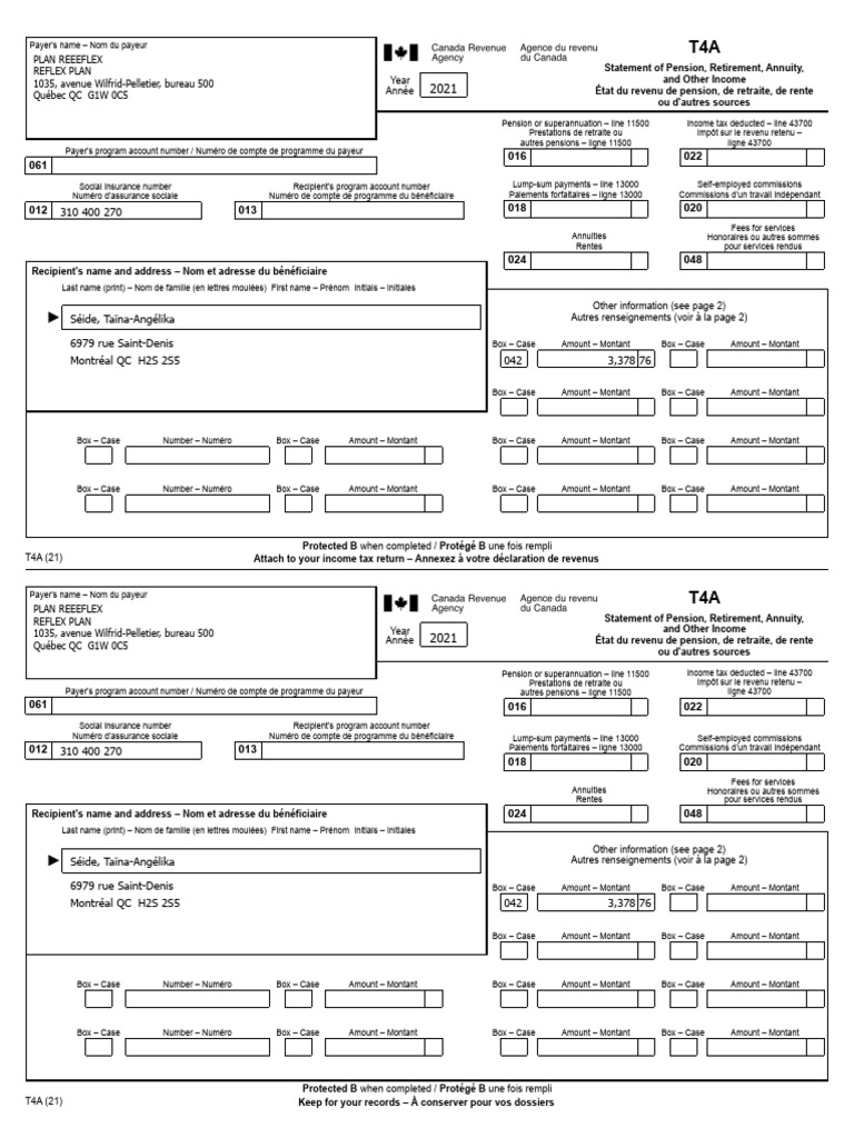 T4A (Agence Du Revenu Canada) Pour L'année D'imposition 2021 | PDF