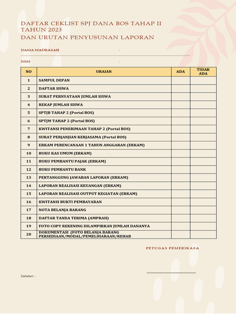 Daftar Ceklist SPJ Dana Bos Tahap Ii Tahun 2023 | PDF