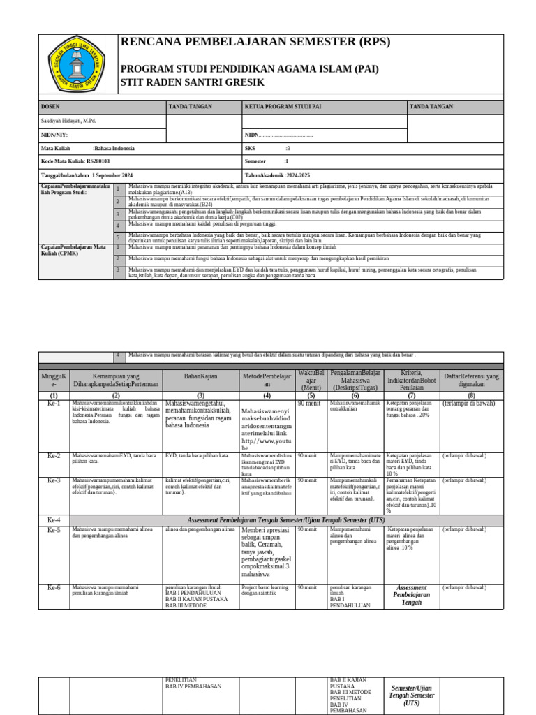 Rps - Bahasa Indonesia - Sakdiyah 2024 | PDF
