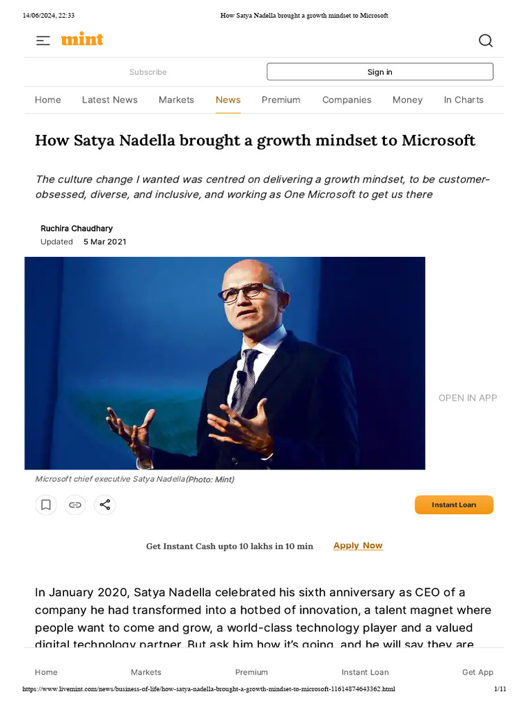 How Satya Nadella Brought A Growth Mindset To Microsoft | PDF