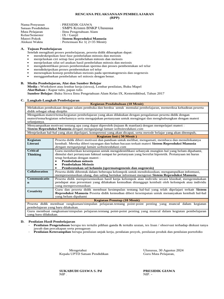 RPP 1 Lembar IPA Kelas 9 k13 (Presidik Giawa) | PDF