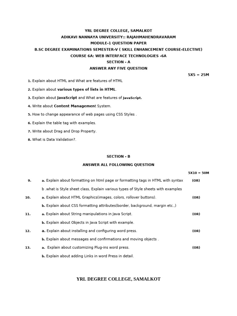 WEB INTERFACE TECHNOLOGIES -6A MODULE QUESTION PAPERS | PDF