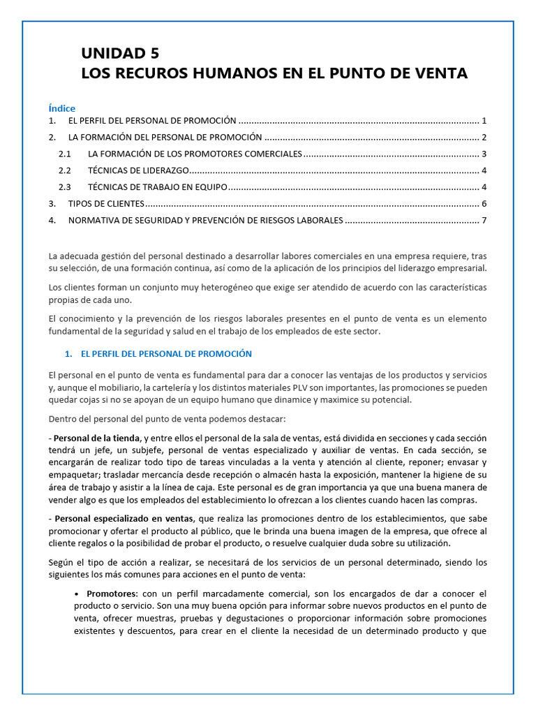 U5 Los Recursos Humanos en El Punto de Venta | PDF