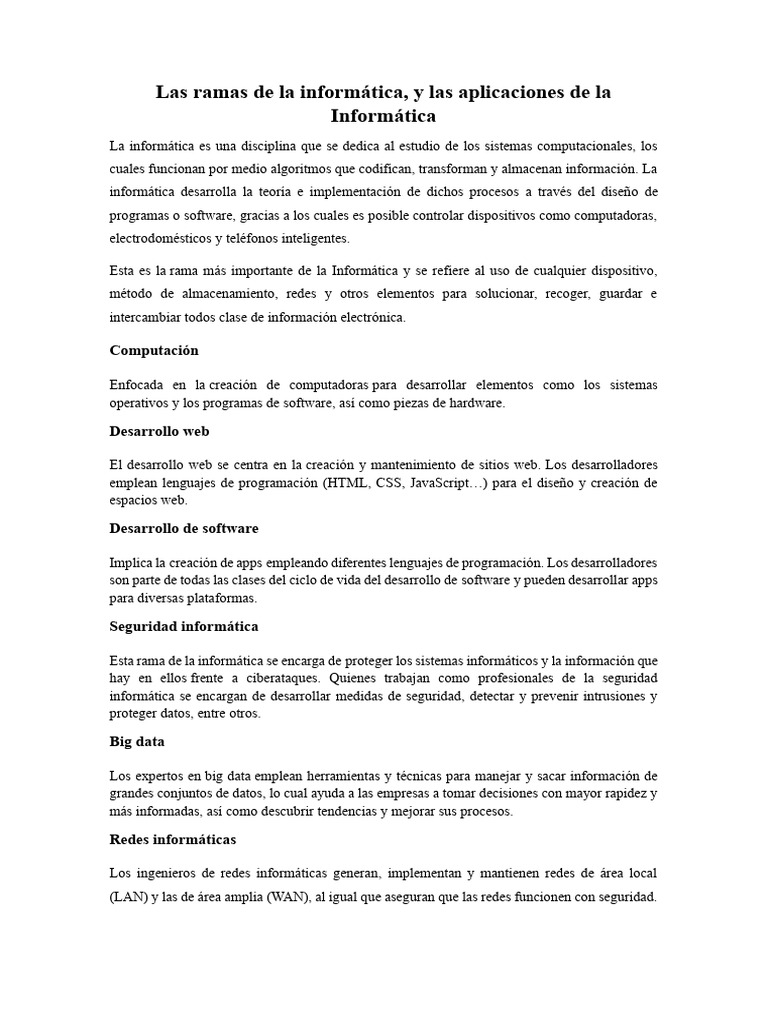 s1. Ensayo Informática Ramas y Aplicaciones | PDF | Informática