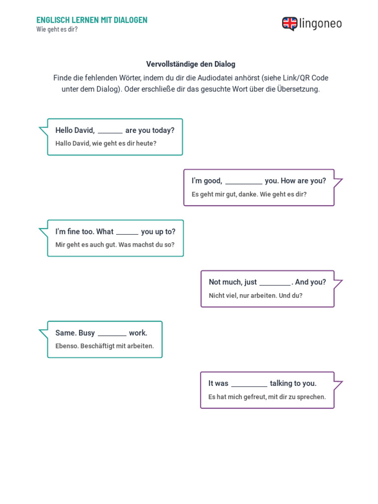 Wie Geht Es Dir Teil 1 - Arbeitsblatt Dialog Uebung (Mit Uebersetzungen ...