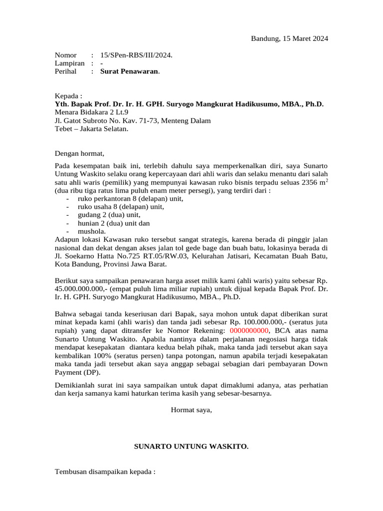 Surat Penawaran Penjualan Ruko Di Bypass r1 | PDF