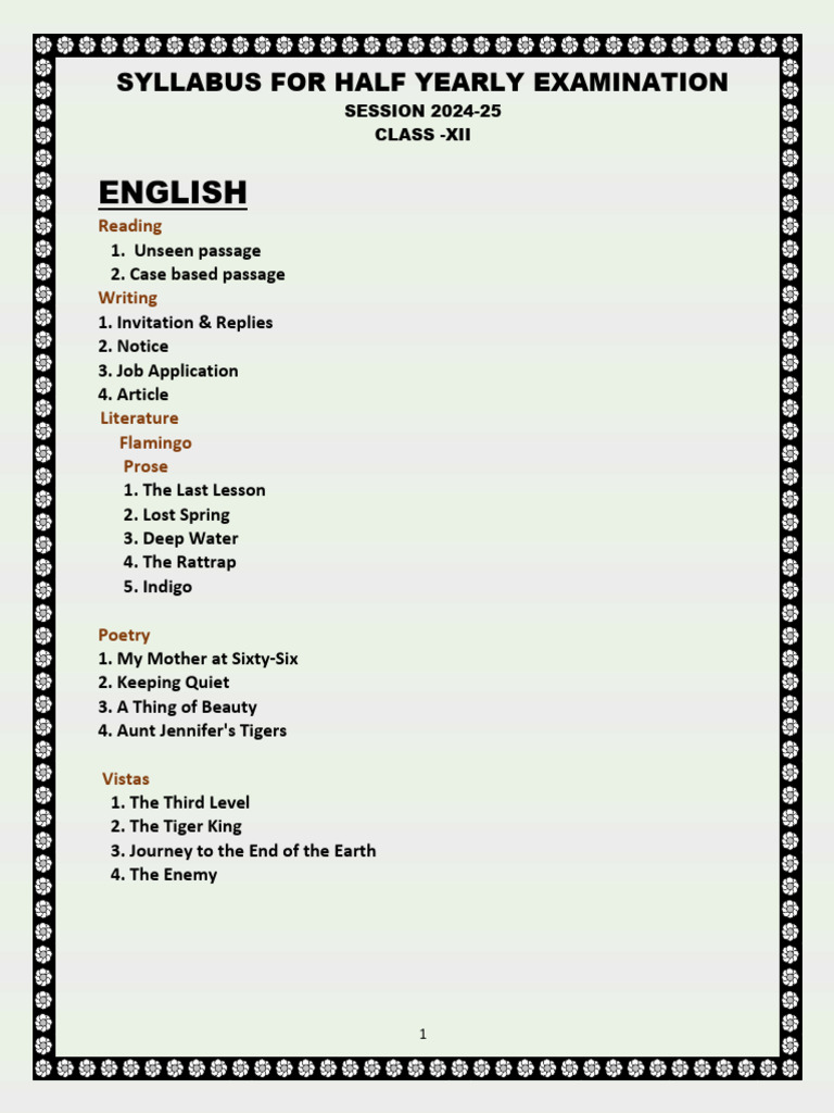 Class 12 Half Yearly 2024-25 Syllabus | PDF