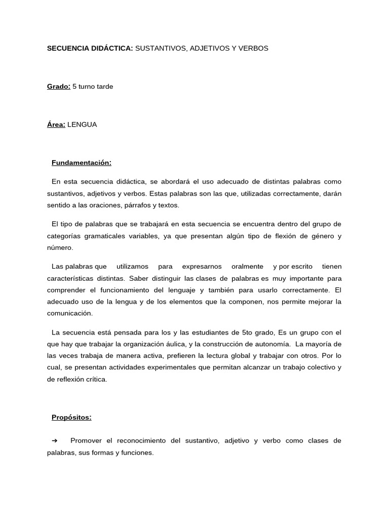 Secuencia Didáctica: Clases de Palabras | PDF | Sustantivo | Adjetivo