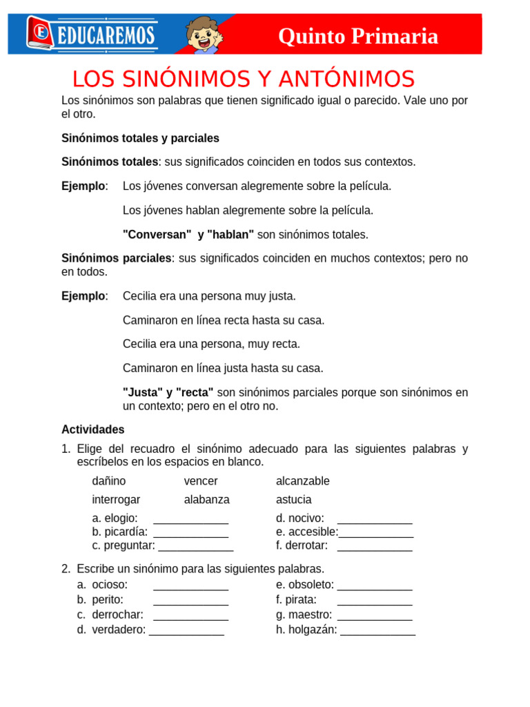 Los Sinonimos y Antonimos Para Sexto Grado de Primaria | PDF