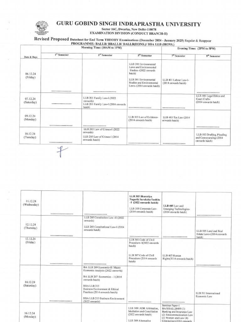Revised Proposed Date Sheet BALLB (December 2024) | PDF