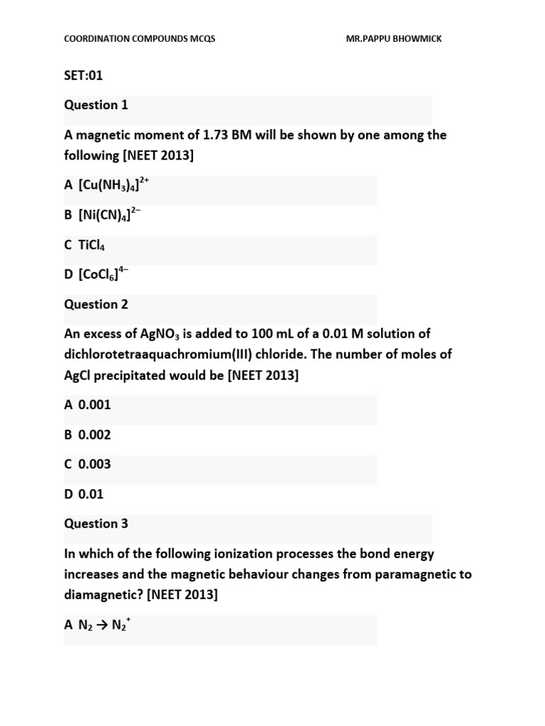 Coordination Chemistry MCQ PDF | PDF