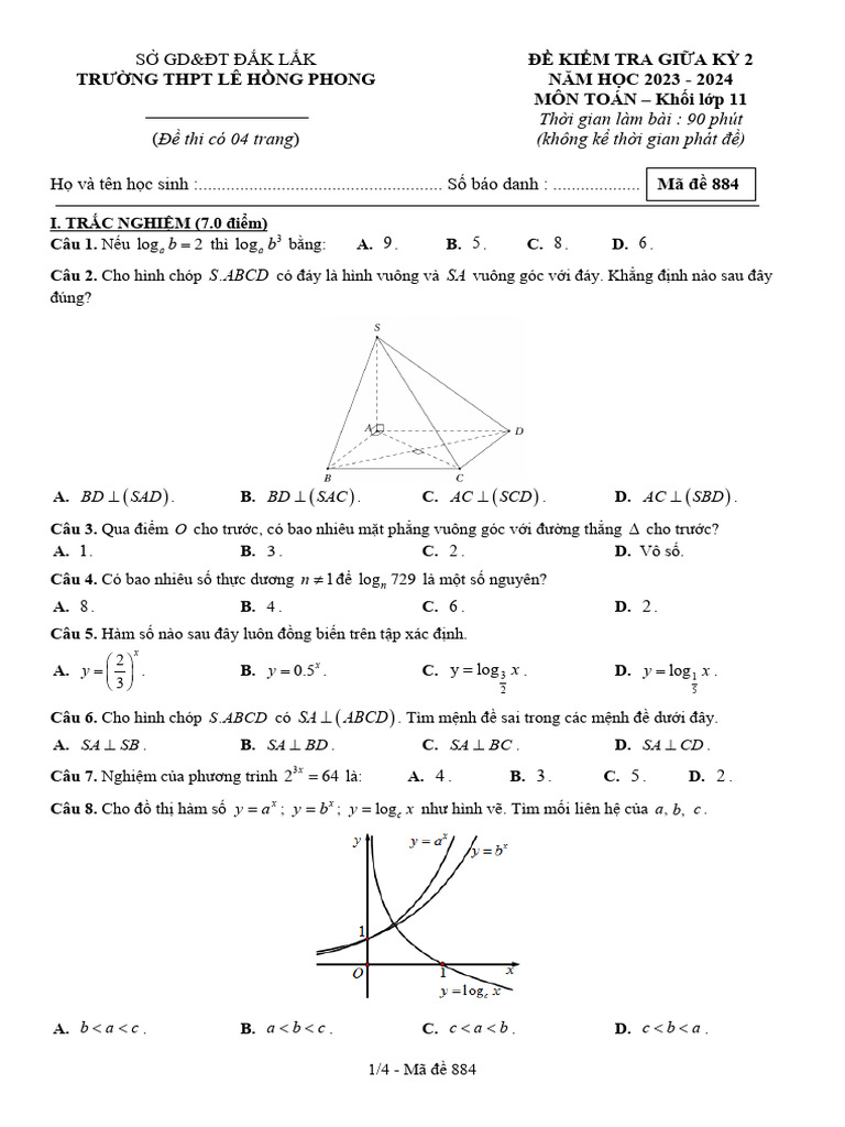 De Giua Ki 2 Toan 11 Nam 2023 2024 Truong THPT Le Hong Phong Dak Lak | PDF