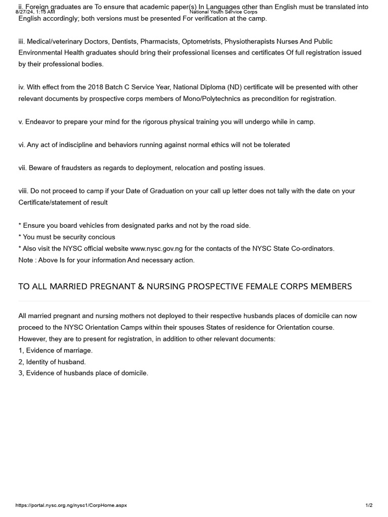 NYSC Addendum Guidelines for Corps Members | PDF | Health Care ...