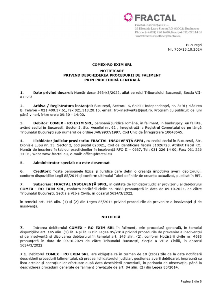 6648 Comex Ro Exim SRL Notificare Deschidere Procedura Generala de Faliment | PDF