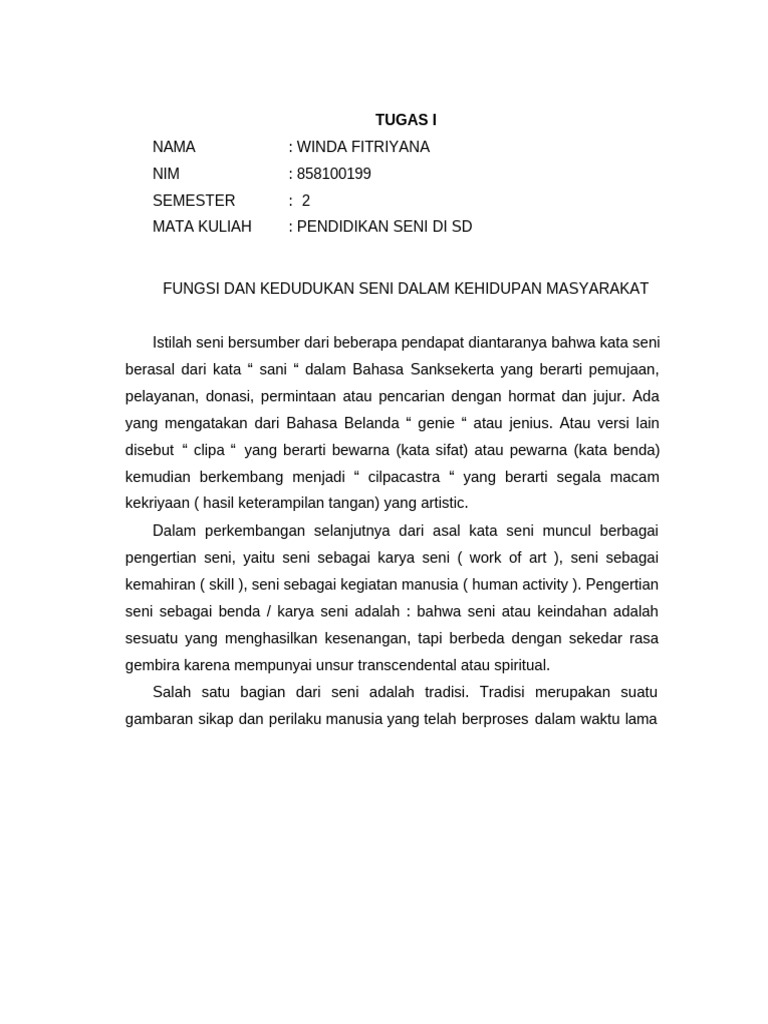 Tugas 1 Pendidikan Seni Di SD | PDF
