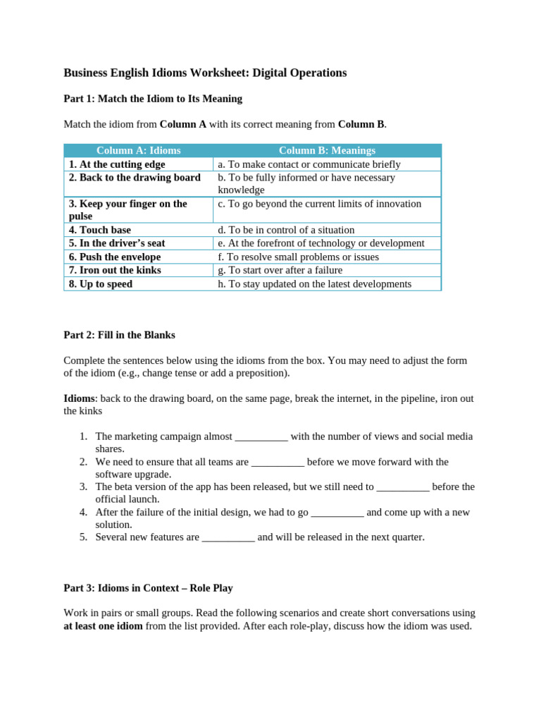 Business English Idioms Worksheet | PDF