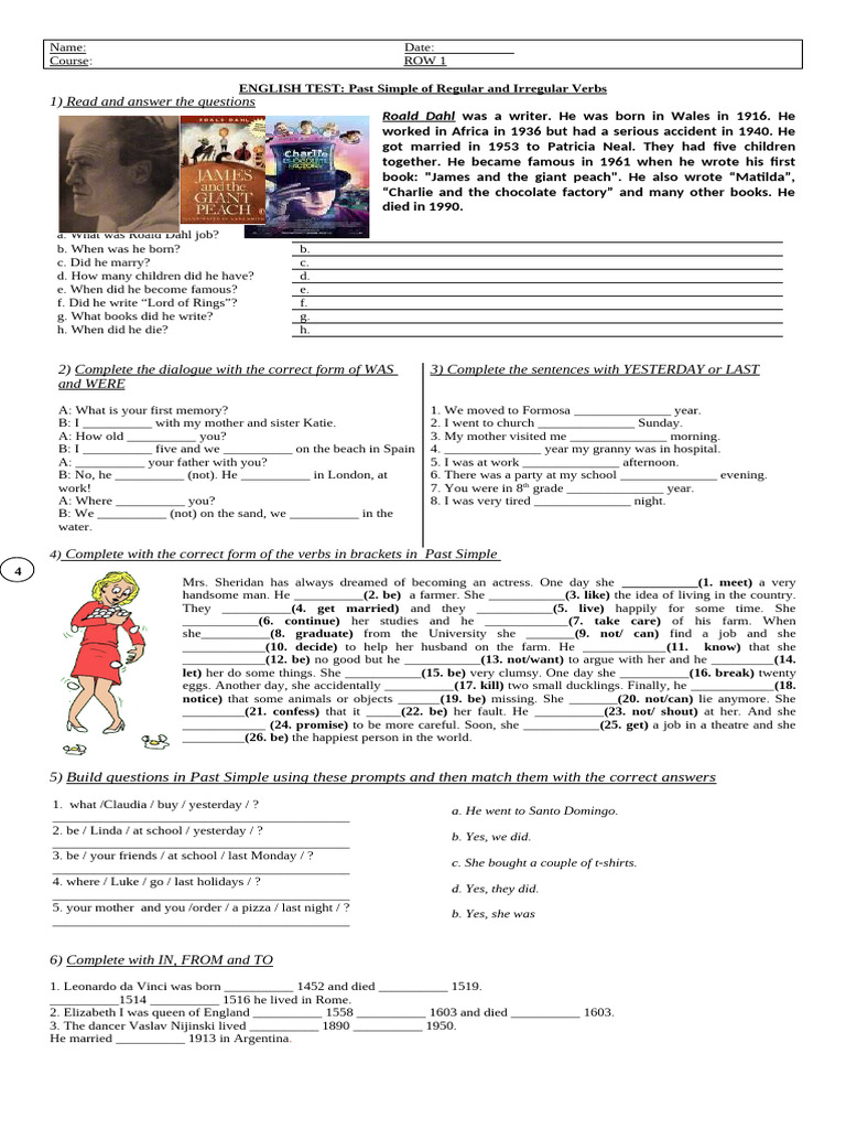 Past Simple Tense Test - To Be - Regular - Irregular | PDF