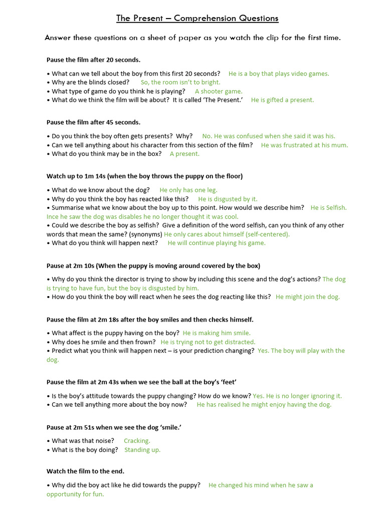 Comprehension Questions for "The Present" | PDF