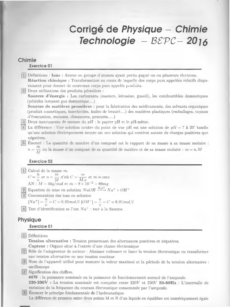 Orniformation Épreuve PCT Corrigé Bepc Session 2016 | PDF