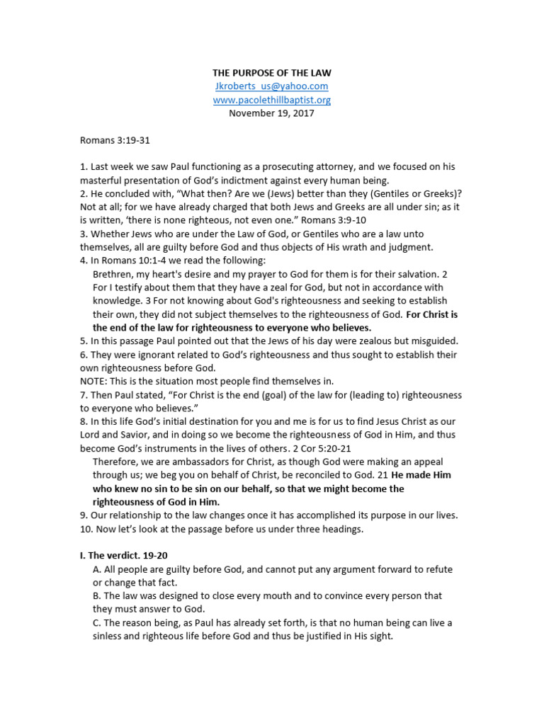 The Purpose of The Law | PDF | Jesus | Epistle To The Romans