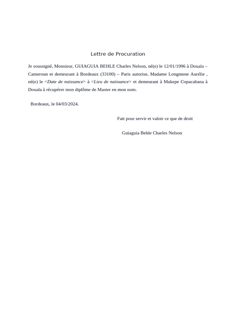 Lettre de Procuration: Date de Naissance Lieu de Naissance | PDF