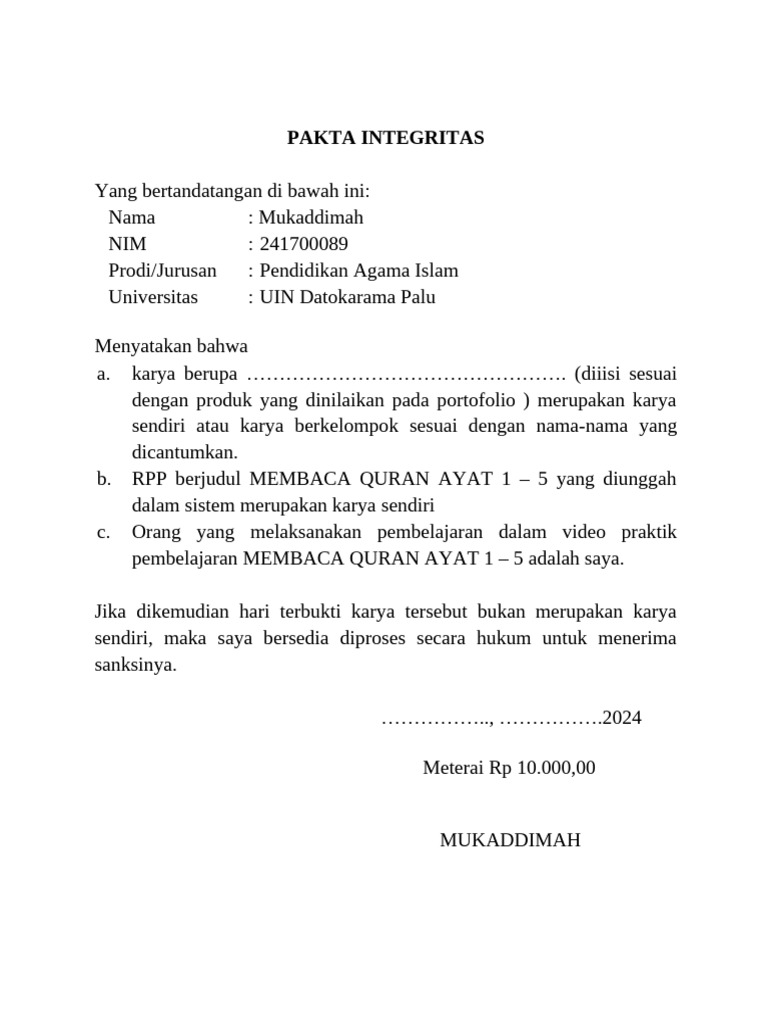Contoh Pakta Integritas Ukin | PDF